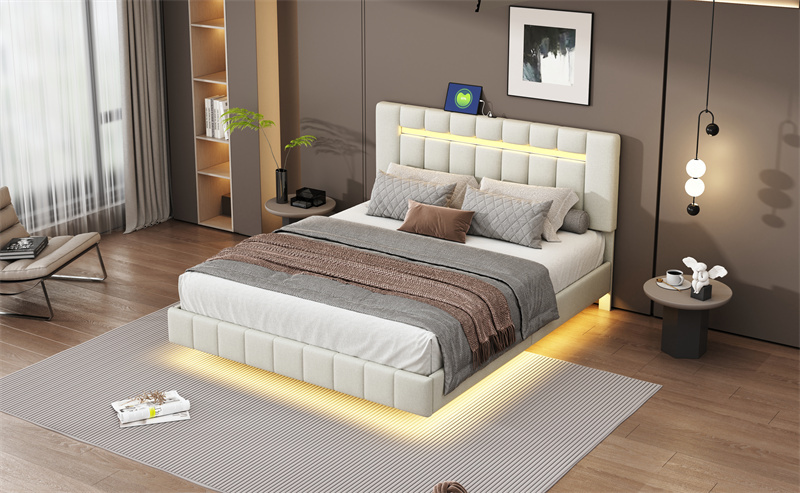 Lit adulte 160x200cm - Cadre de lit flottant avec lampes LED - Lit ...