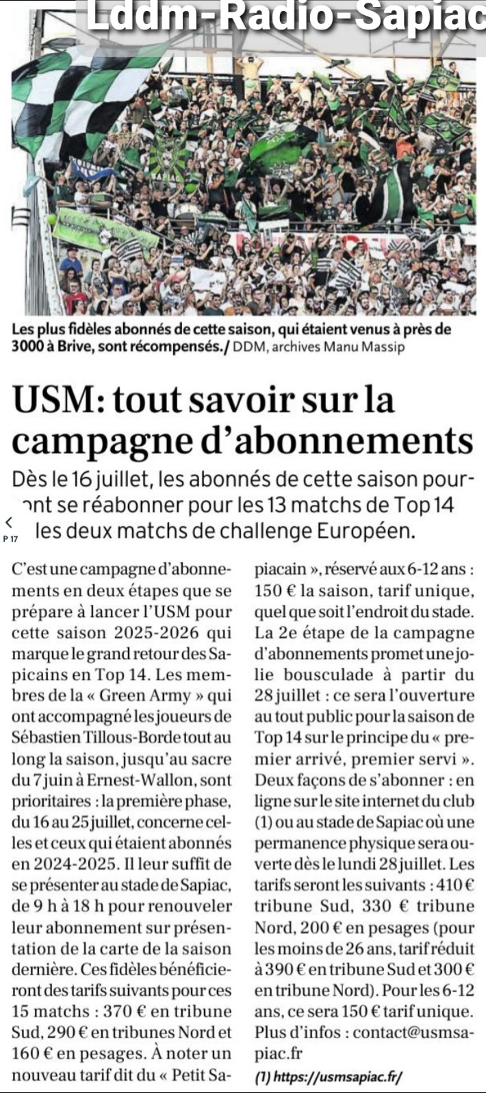 INFOS ce MERCREDI 9 JUILLET 2025. (Matinée) > USM SAPIAC > FORMULES RÉ ...