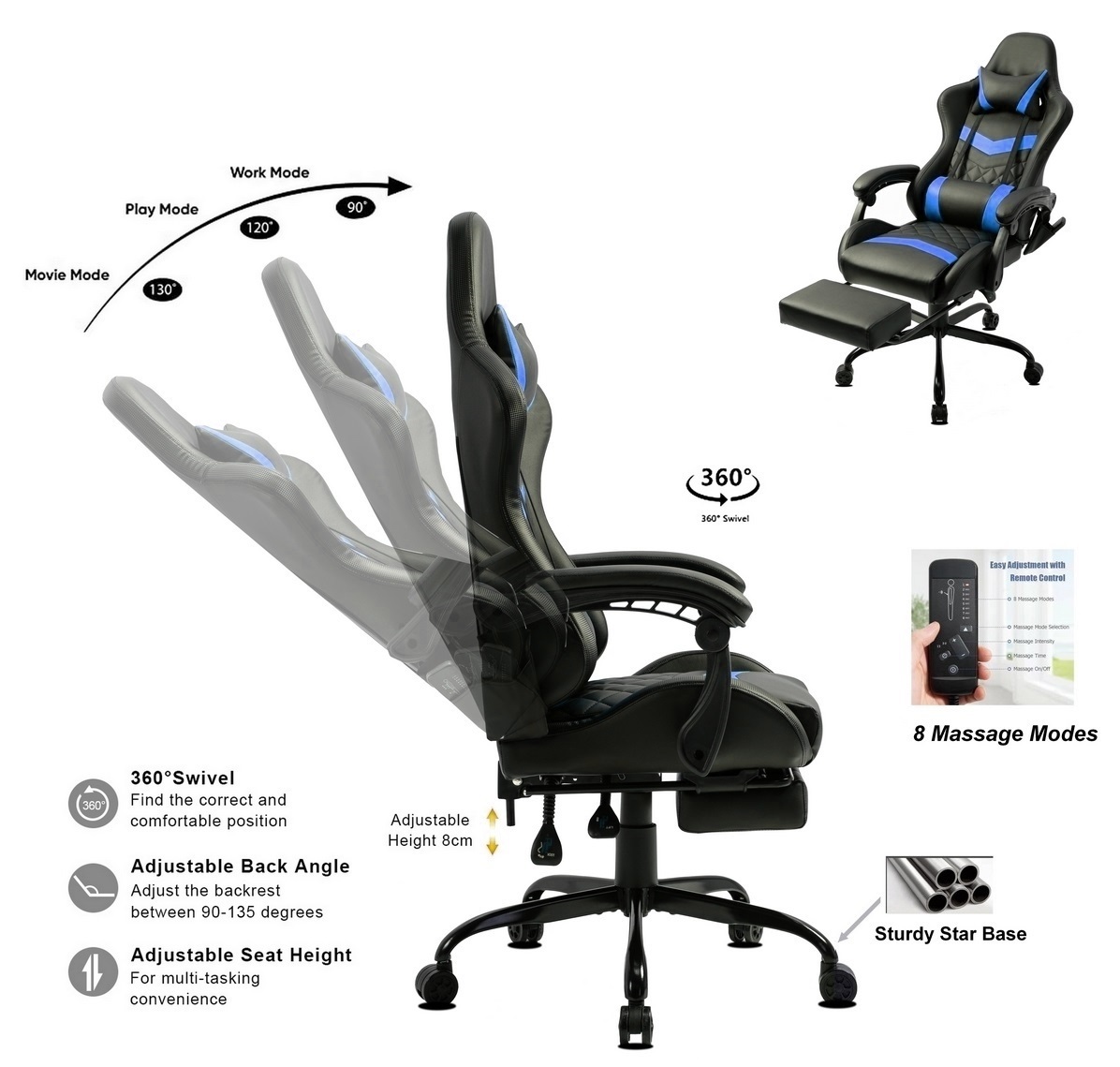 Chaise Gaming Delman, 6 points de massage par vibration, repose-pieds ...