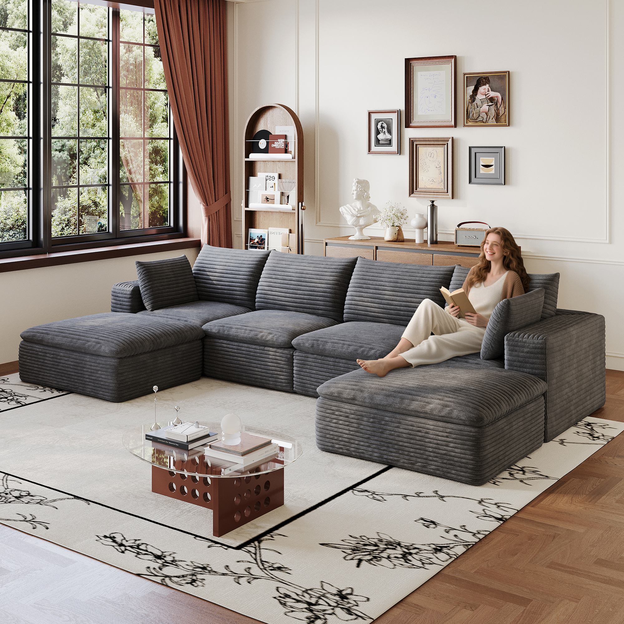 Modulares 4-Sitzer-Sofa in U-Form mit 2 Hockern, Cordbezug, 340 cm ...