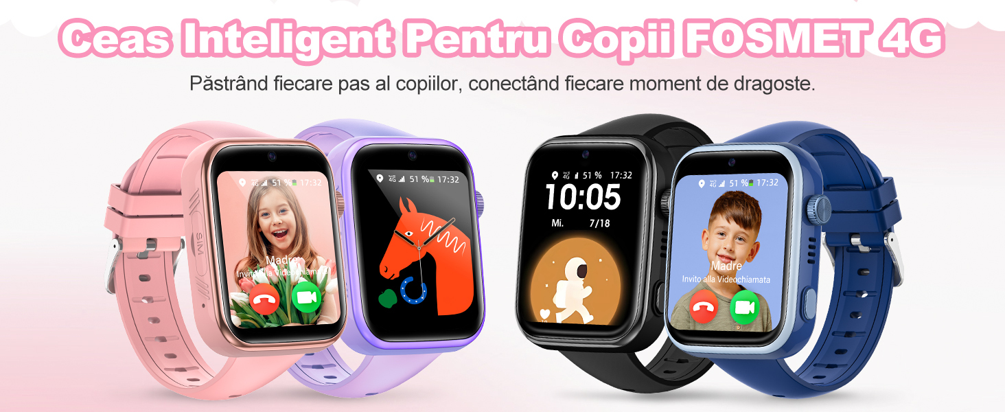 Ceas smartwatch copii 4G GPS FOSMET®, Ecran HD de 1, 83 inchi, WIF, SOS ...