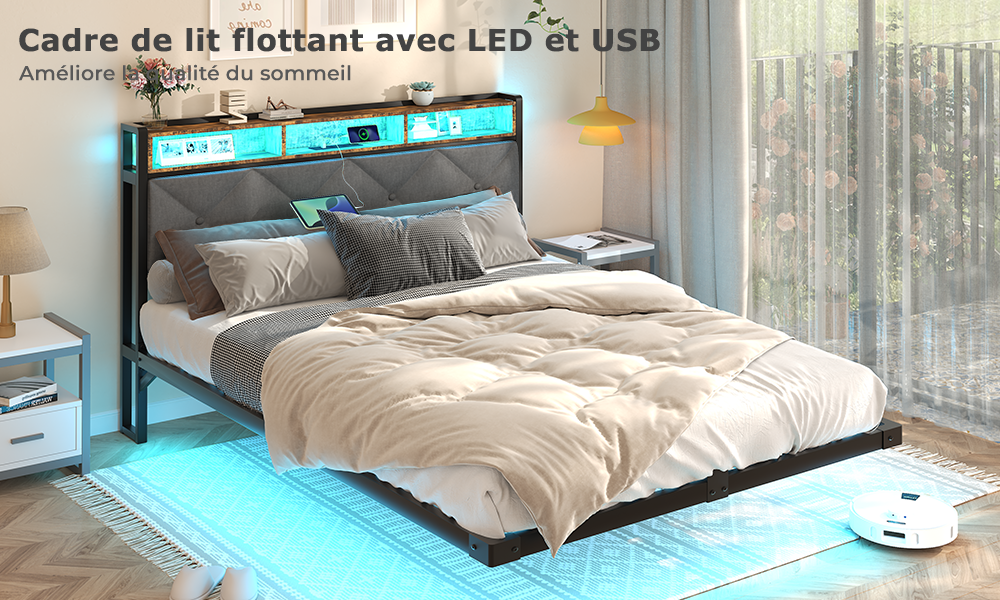 Lit 140 x 190 avec sommier, lit flottant avec éclairage LED et 2 prises ...