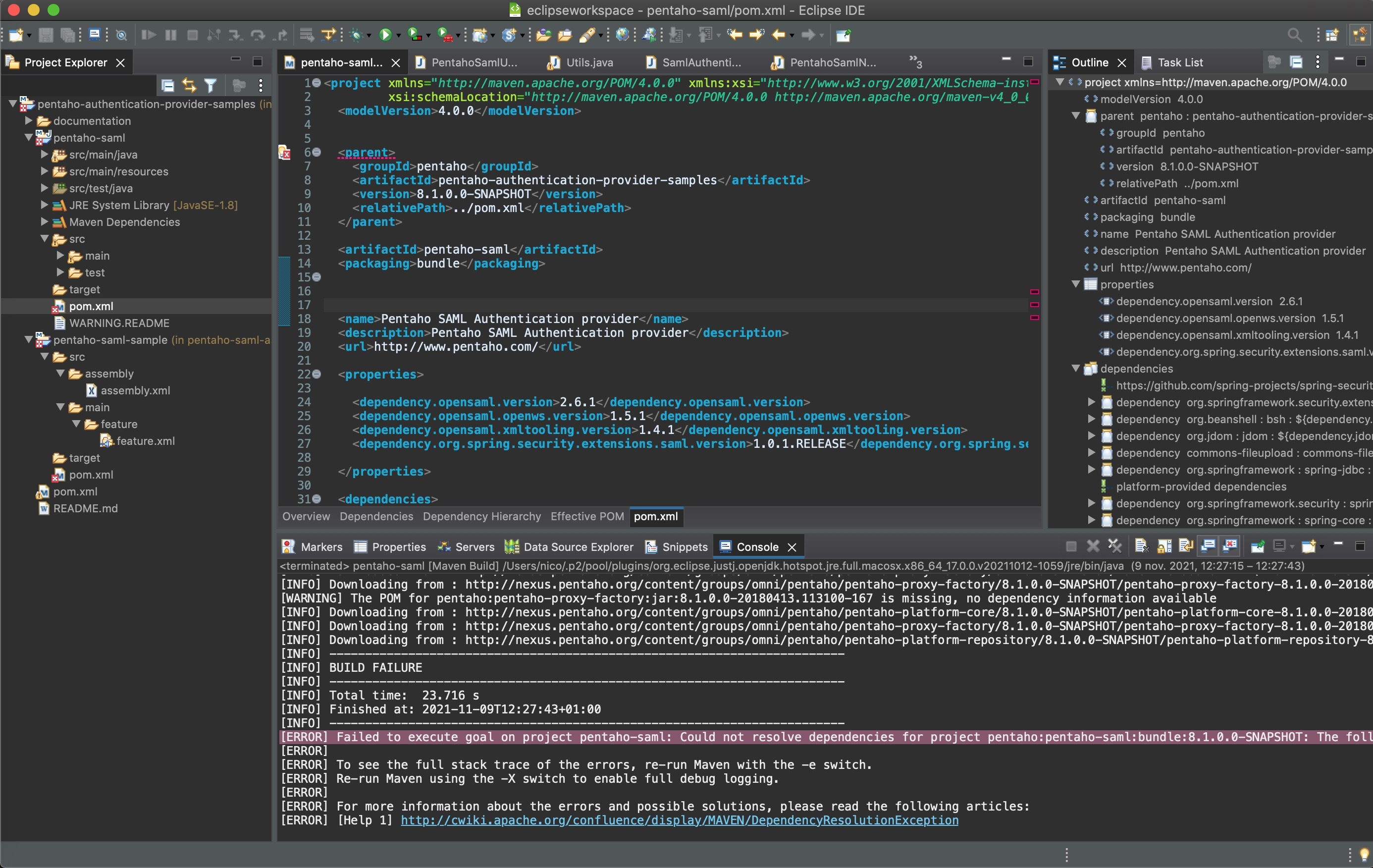 Failed to execute goal on project pentaho-saml: Could not resolve dependencies for project ...