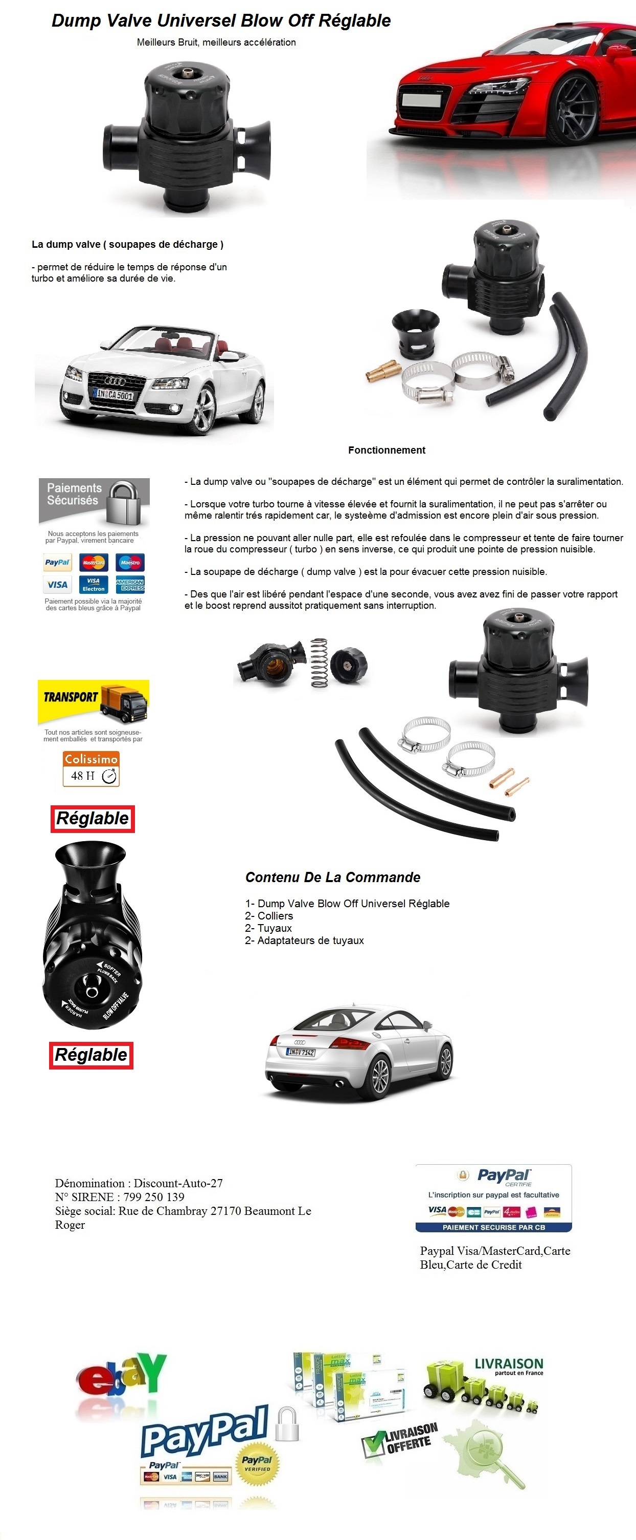 Turbine Turbo DUMP VALVE 25MM TURBO BLOW OFF UNIVERSEL REGLABLE TUNING ...