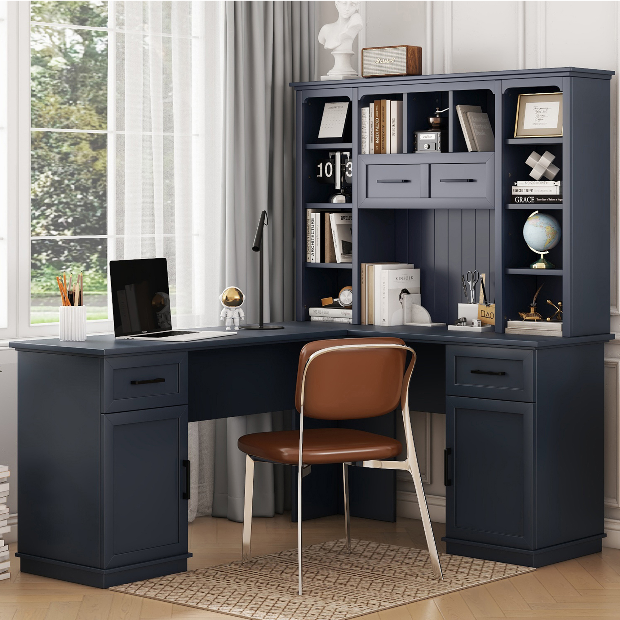 MDQMD Modern L-Shaped Blue Office Desk with Drawer and Shelves,Computer ...
