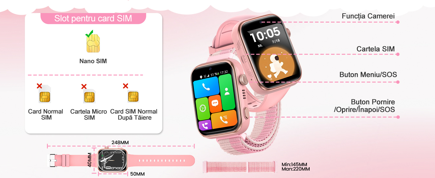 Ceas smartwatch copii 4G GPS FOSMET®, Ecran HD de 1, 83 inchi, WIF, SOS ...