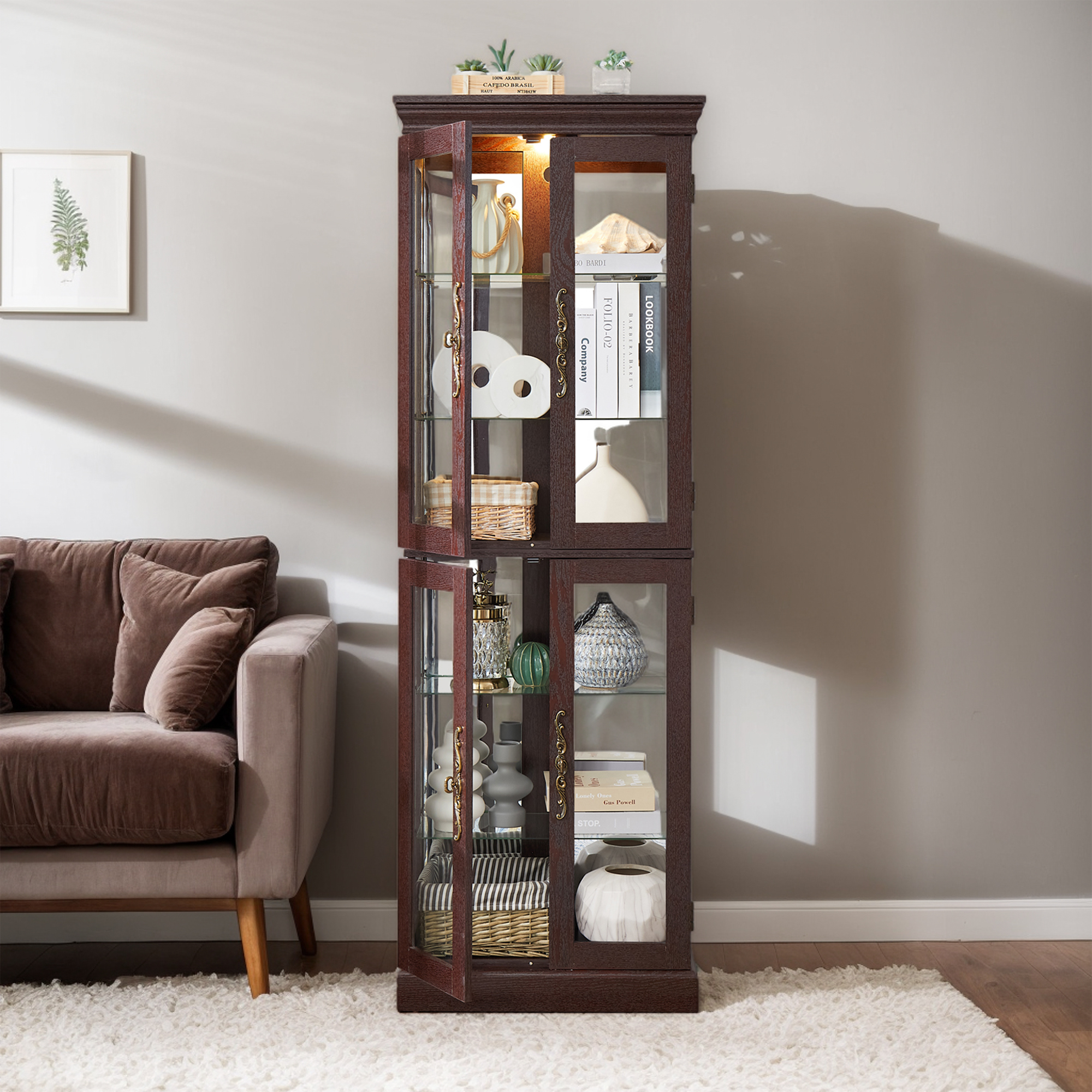 MDQMD 71''Cherry Display Cabinet with 4 Adjustable Glass Shelves and ...
