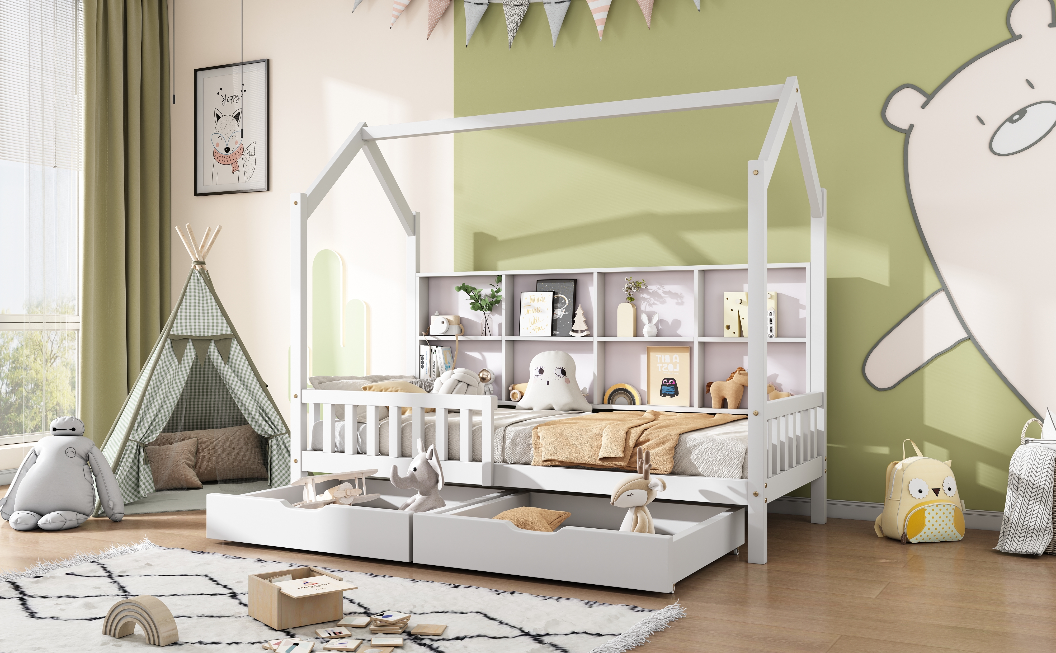 Lit Enfant Cabane 90×200 cm avec 2 Tiroirs à Roulettes, Étagères de ...