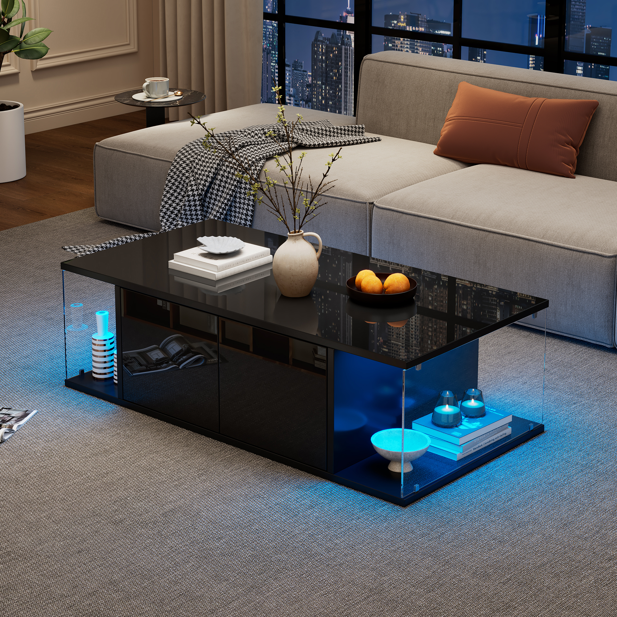 Table basse LED moderne 100x50x30 cm Table de salon avec 2 rangements ...