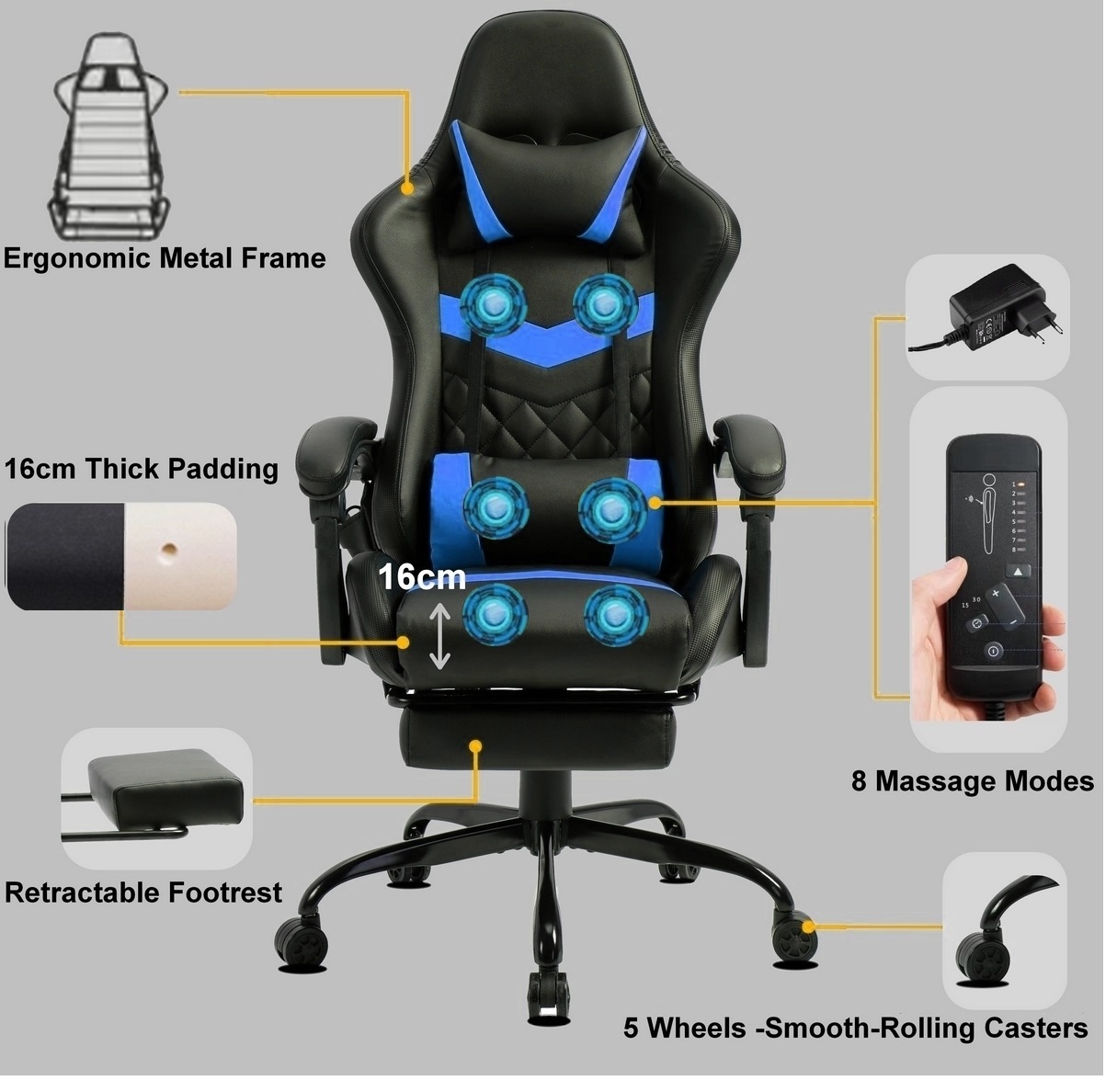 Chaise Gaming Delman, 6 points de massage par vibration, repose-pieds ...