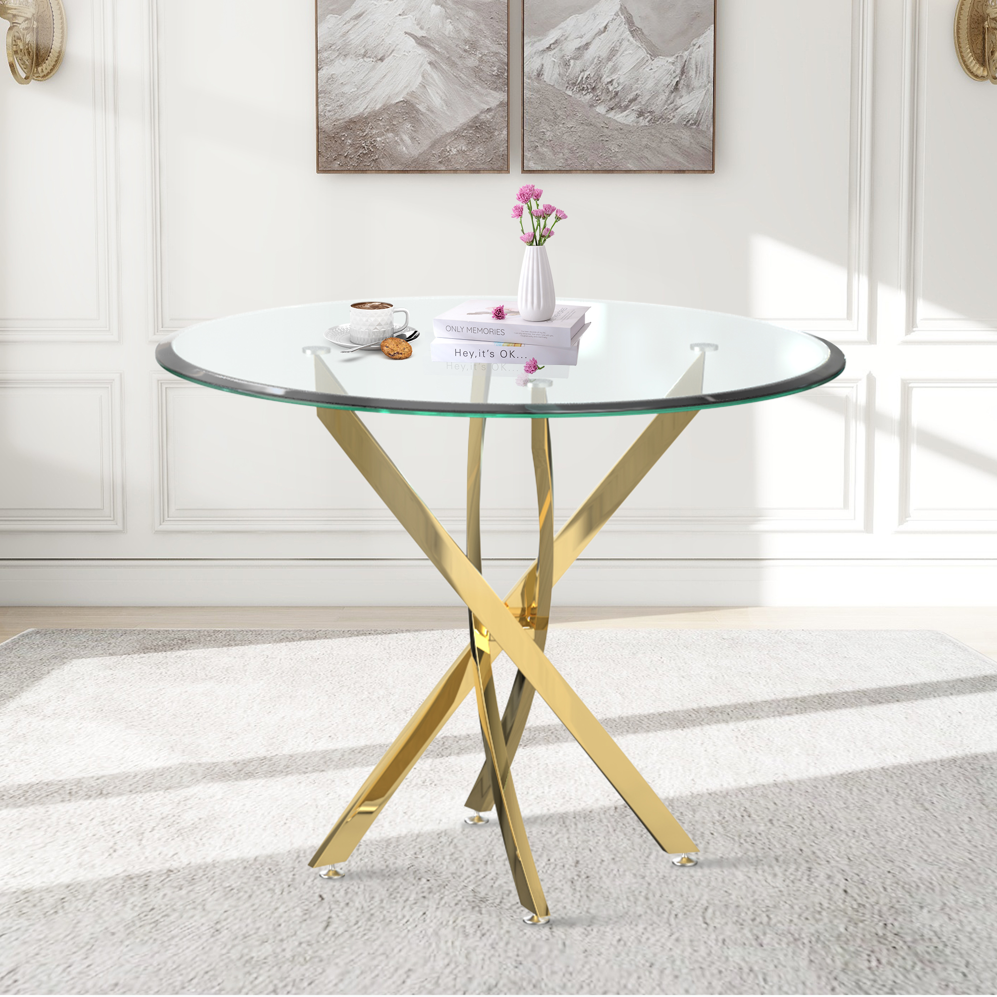 5-Piece 36" Round Glass Dining Set, Clear Tempered Glass Table & 4 ...