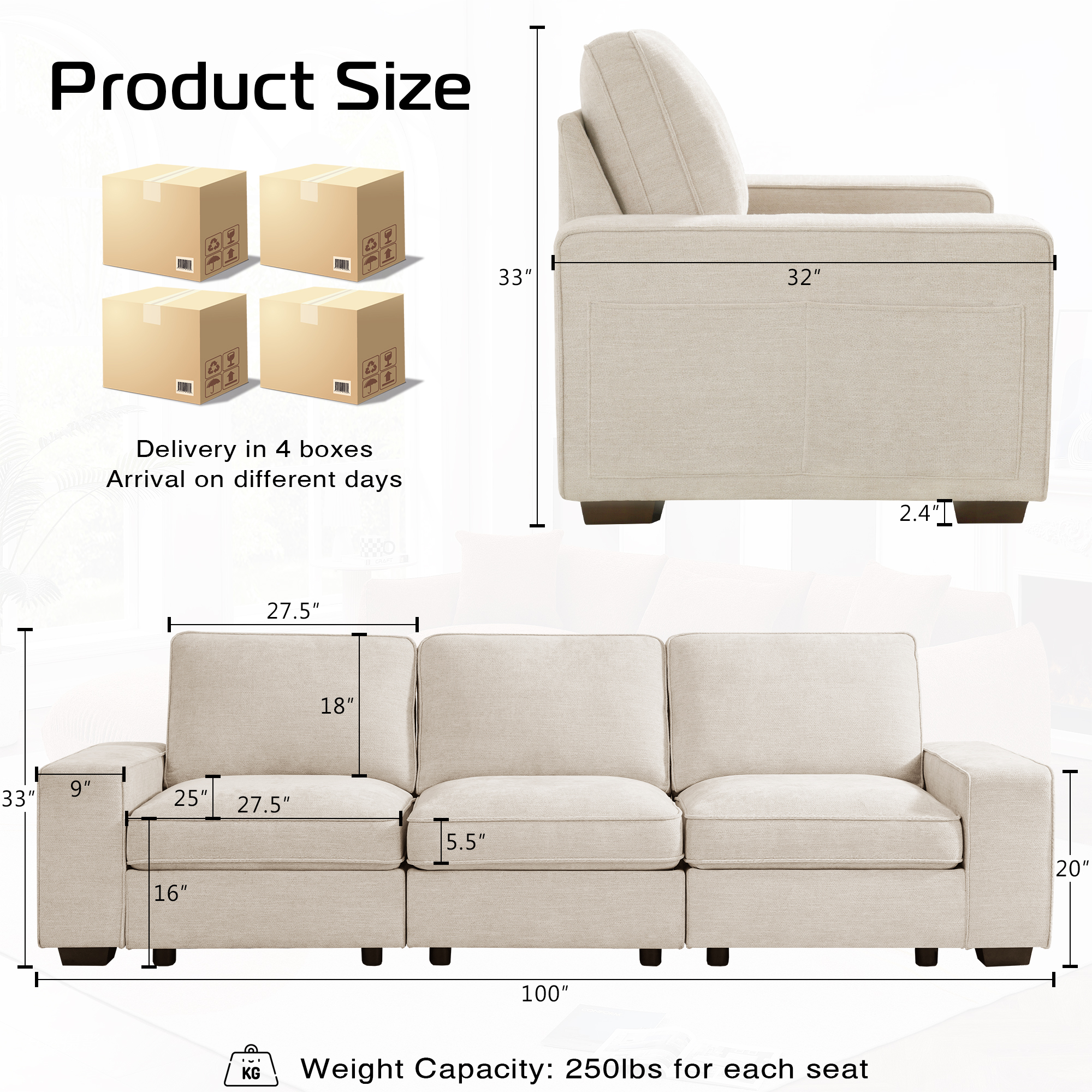 INGALIK 73"-128" Modern Modular Sofa with Seats Storage, Oversized 2 ...