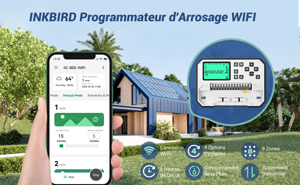 Programmateur d'arrosage Wi-Fi,INKBIRD IIC-800-WIFI,8 Voies, Automatique,Contrôle App,4 Options ...