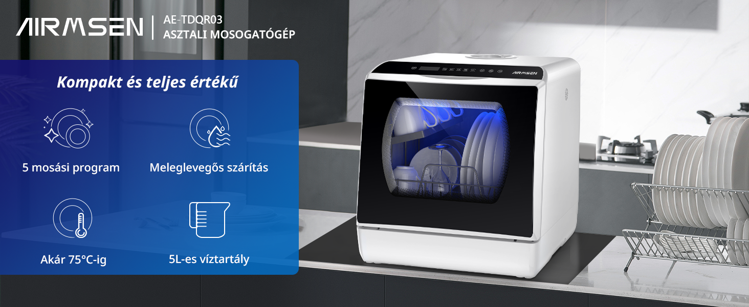 AIRMSEN Mini kompakt mosogatógép – hordozható 5 literes tartállyal, 6 ...