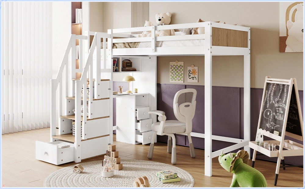 Lit mezzanine 90x200 cm avec bureau, étagères ouvertes et rangements ...